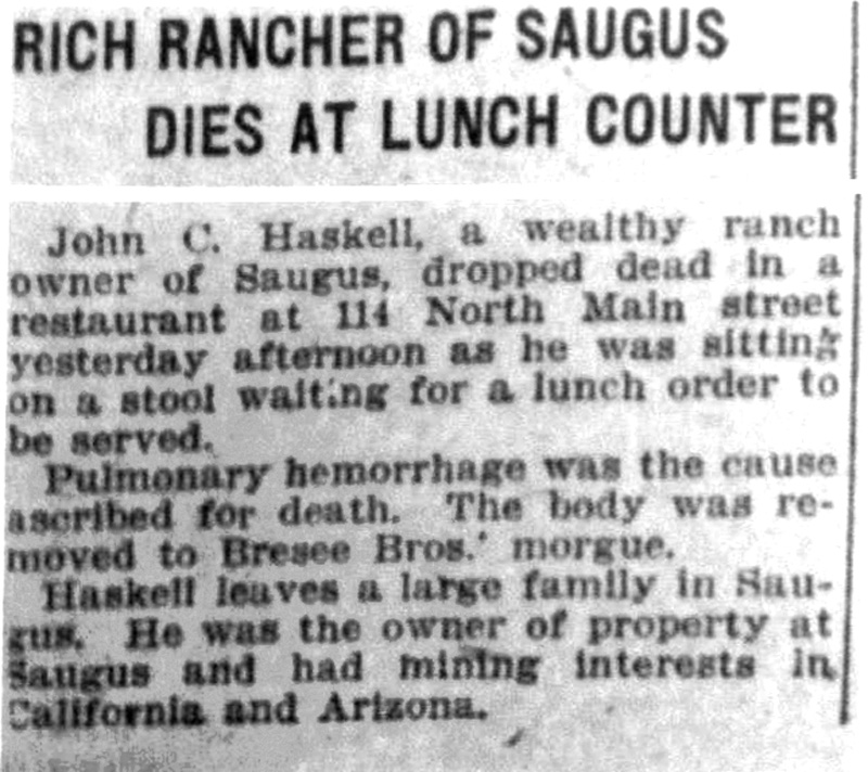 SCVHistory.com | Haskell Canyon | Death of John C. Haskell, 7-2-1909.