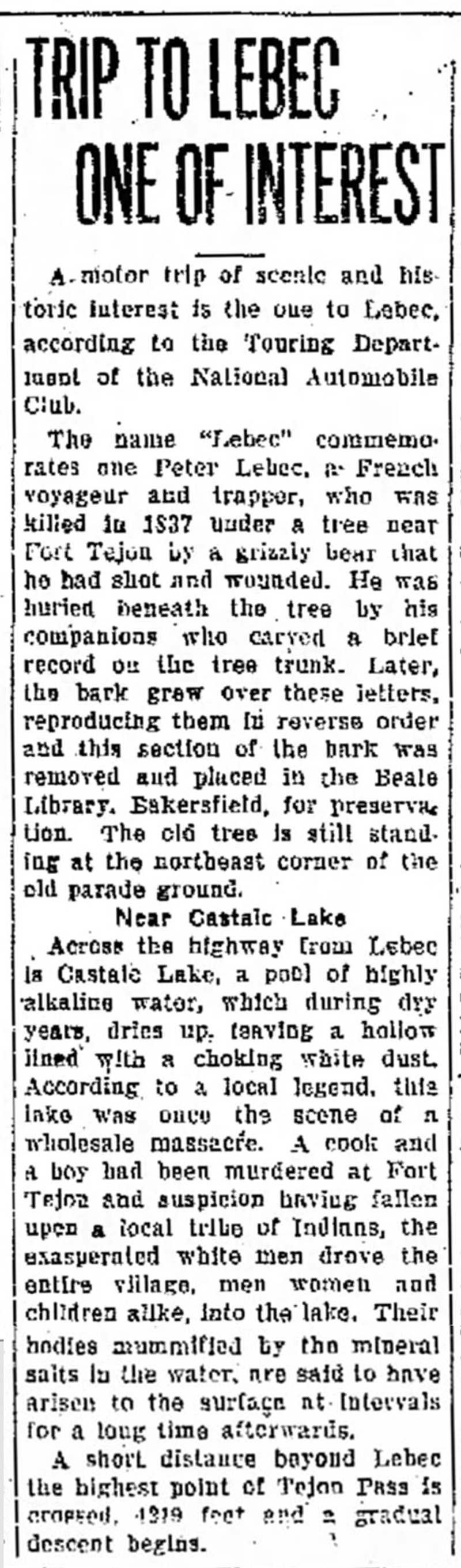 SCVHistory.com | Lebec | Legend of Indian Massacre at Castaic Lake.
